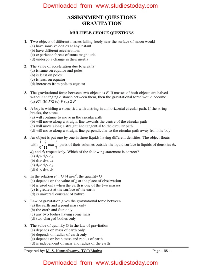 CBSE Class 9 Physics Worksheet - Gravitation | PDF | Mass | Weight