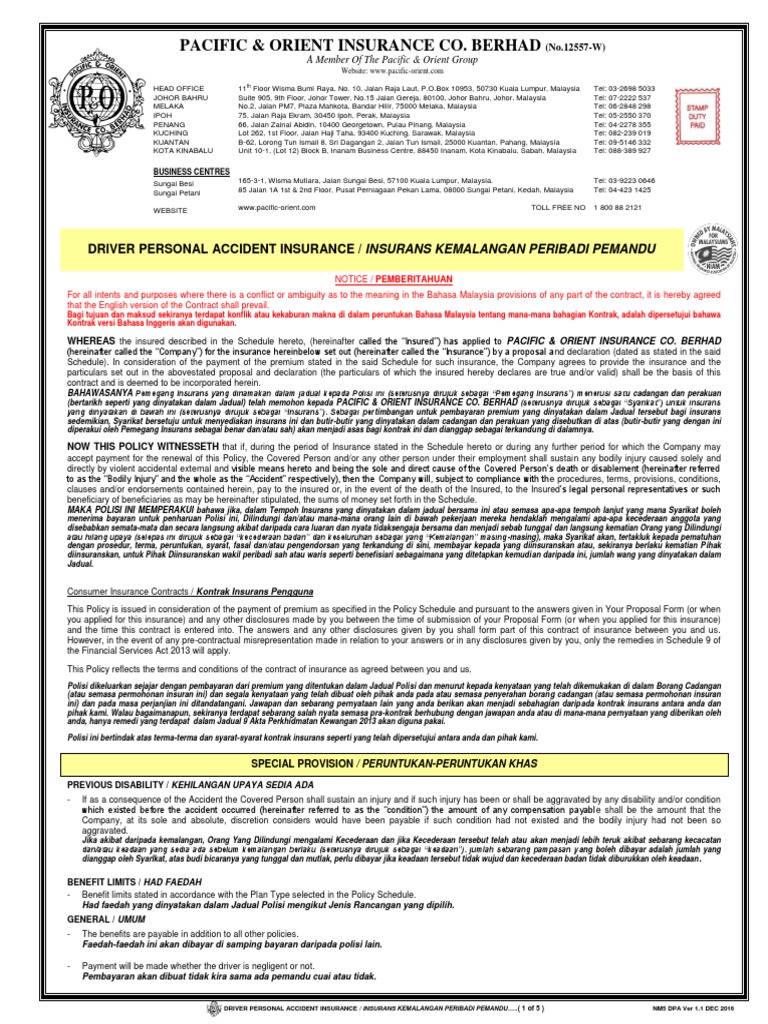 Driver Personal Accident Plus (A) or (C) - Policy Document - English ...