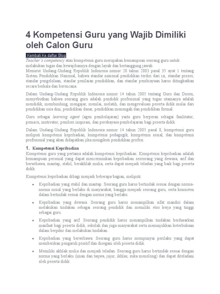 4 Kompetensi Guru Yang Wajib Dimiliki Oleh Calon Guru | PDF | Karier ...