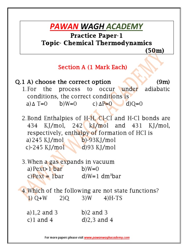 Chemical Thermodynamics Class 12th Practice Paper | PDF | Enthalpy | Nature