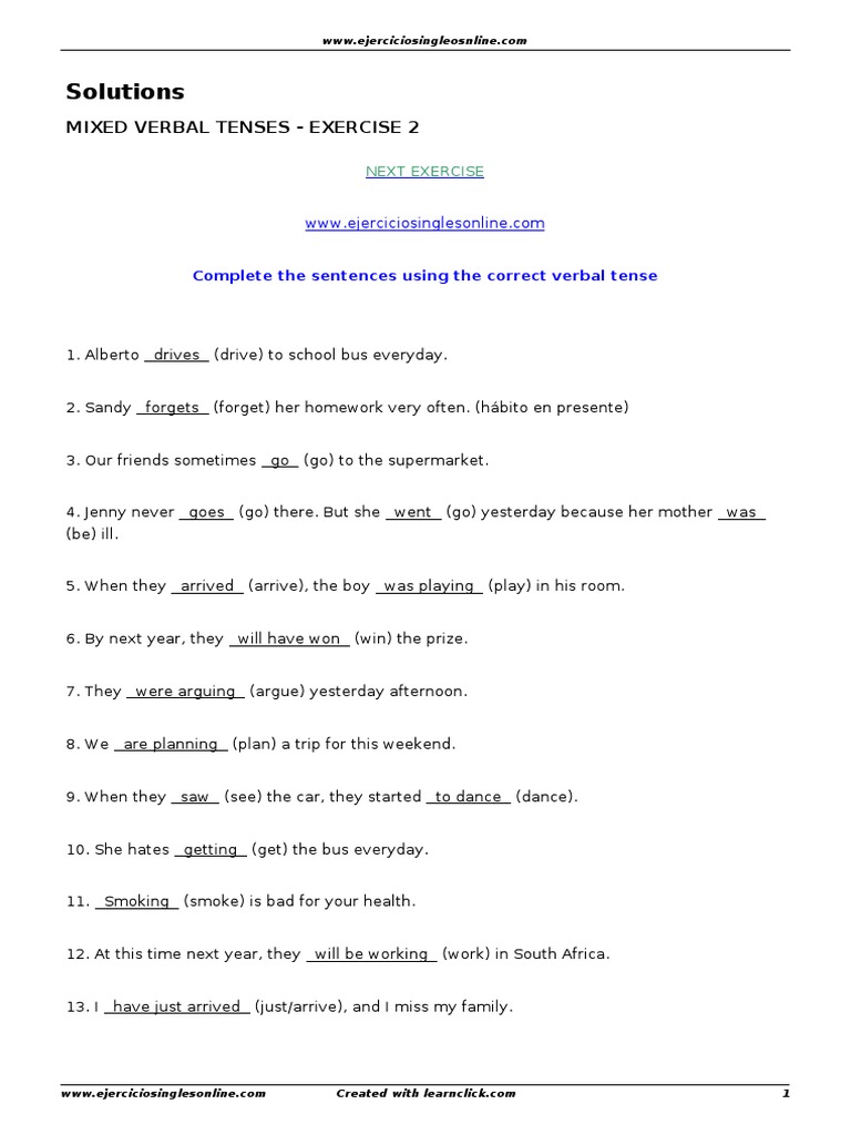 Solutions - MIXED VERBAL TENSES - EXERCISE 2 | PDF