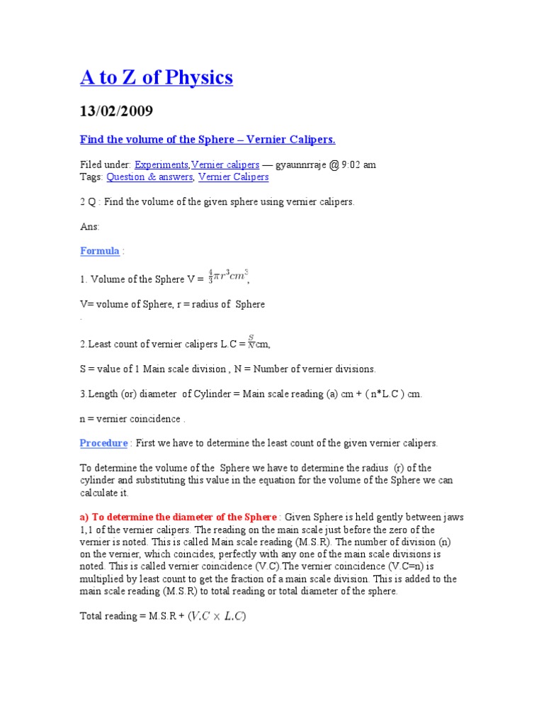 Find The Volume of The Sphere Using Vernier Calipers | PDF | Sphere ...