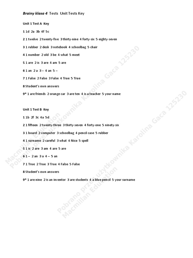 Brainy 4 Unit Tests Answer Key | PDF