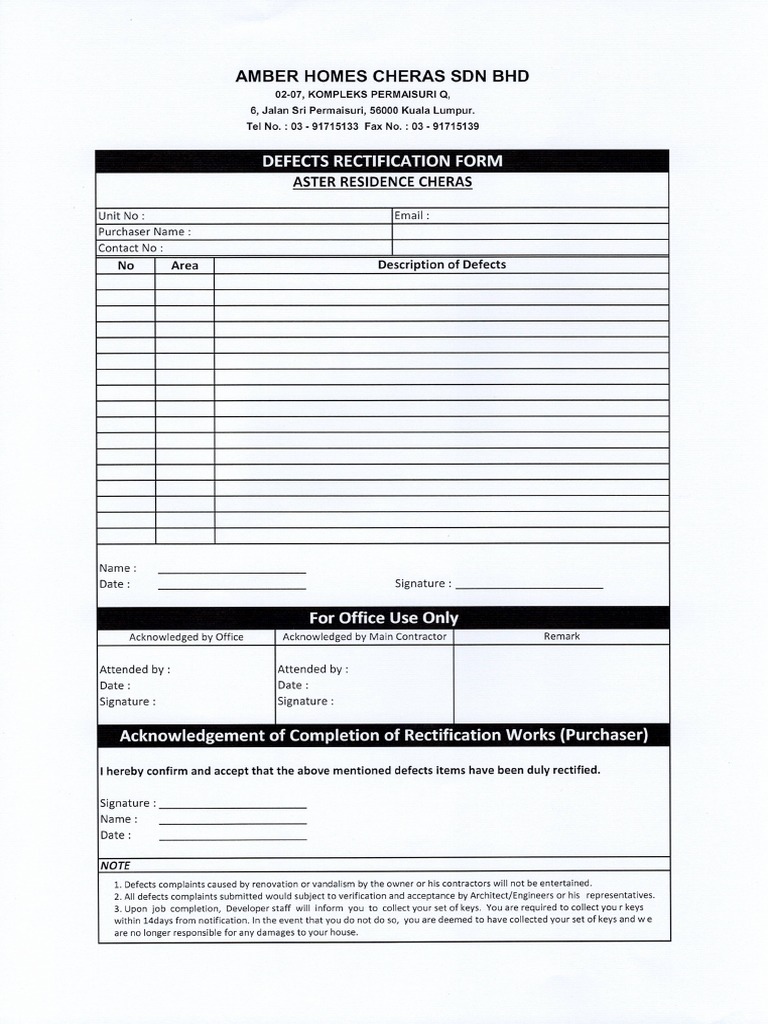 Defect Form Pdf