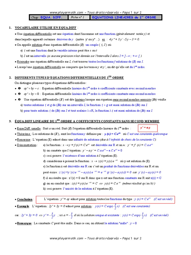 Fiche - Equation Différentielle Linéaire Du 1er Ordre - Terminale | PDF