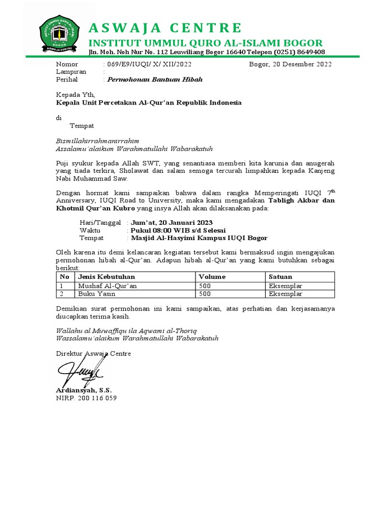 Permohonan Hibah Al-Qur'an | PDF