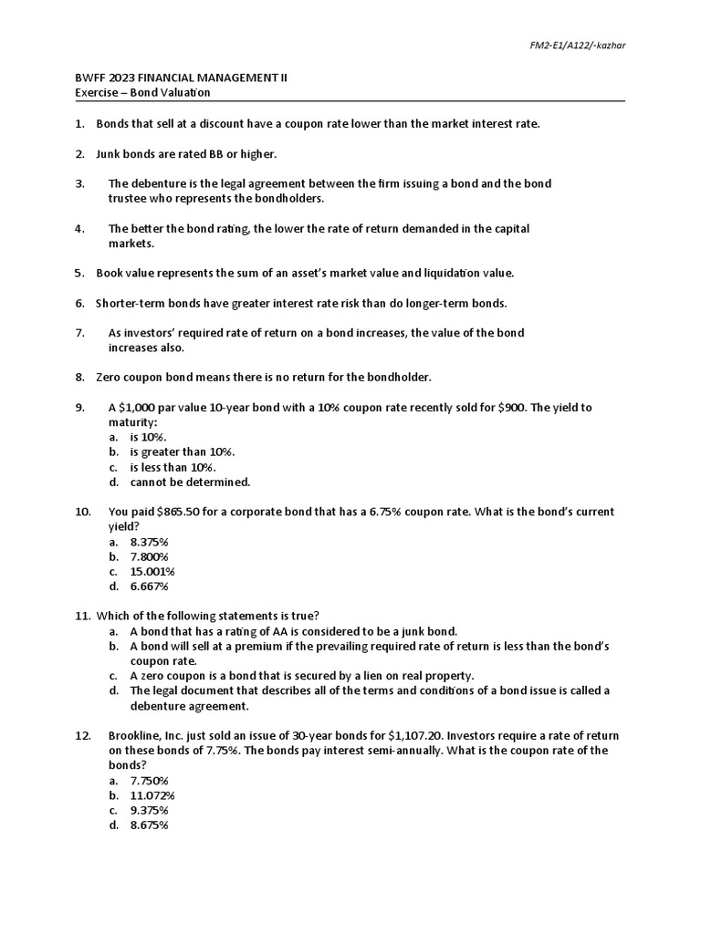 Bond Valuation Exercise | PDF | Bonds (Finance) | Yield (Finance)