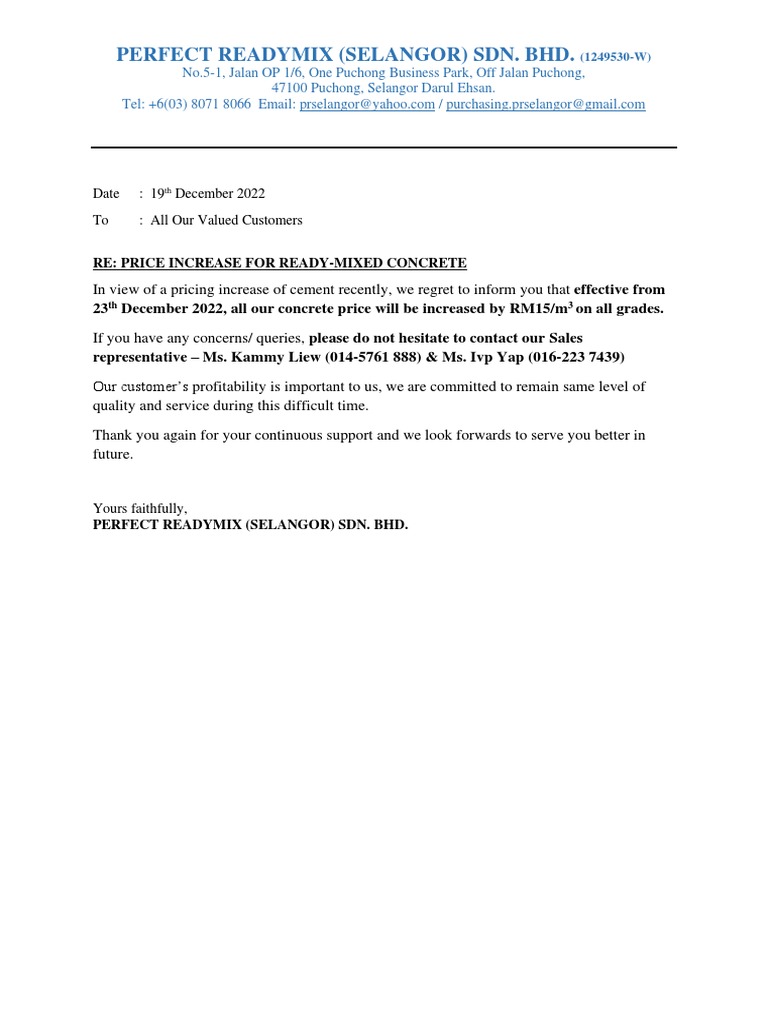 Memo - Price Increase For Ready-Mixed Concrete (Dec 2022) | PDF