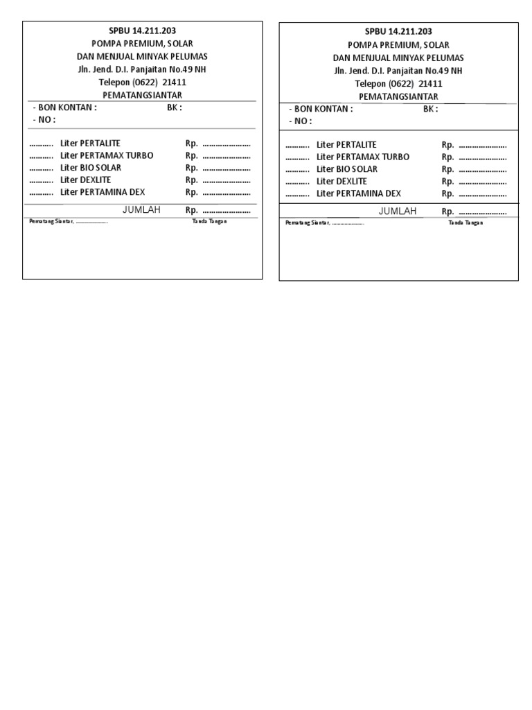 Contoh Bon Bensin SPBU Pertamina | PDF