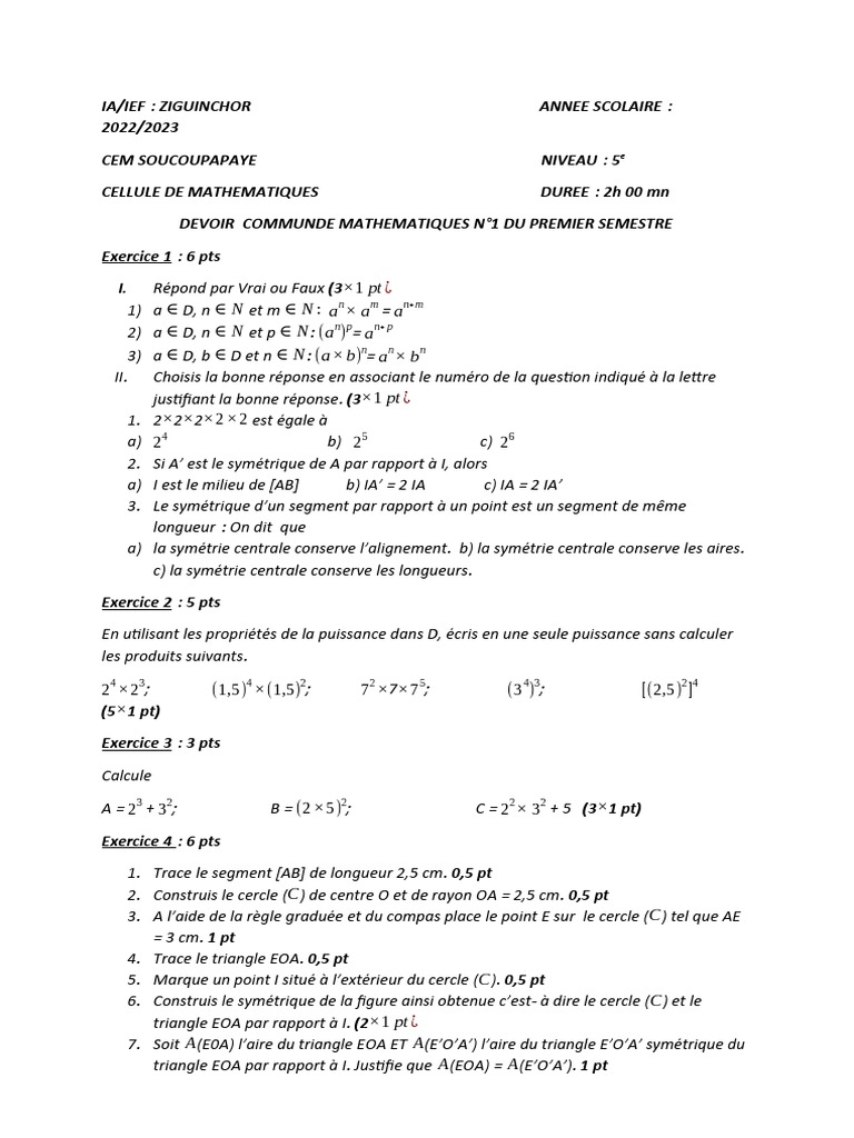 DEVOIR COMMUN MATHS 5e N°1 DEC 2022 | PDF | Méthodes et références pédagogiques | Ordinateurs