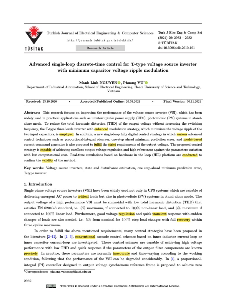 Advanced Single Loop Discrete Time Control For T Type Voltage Source Inverter Pdf Power