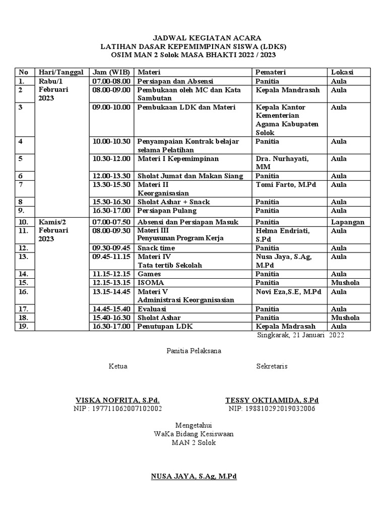 Jadwal LDKS MAN 2 Solok 2023 | PDF
