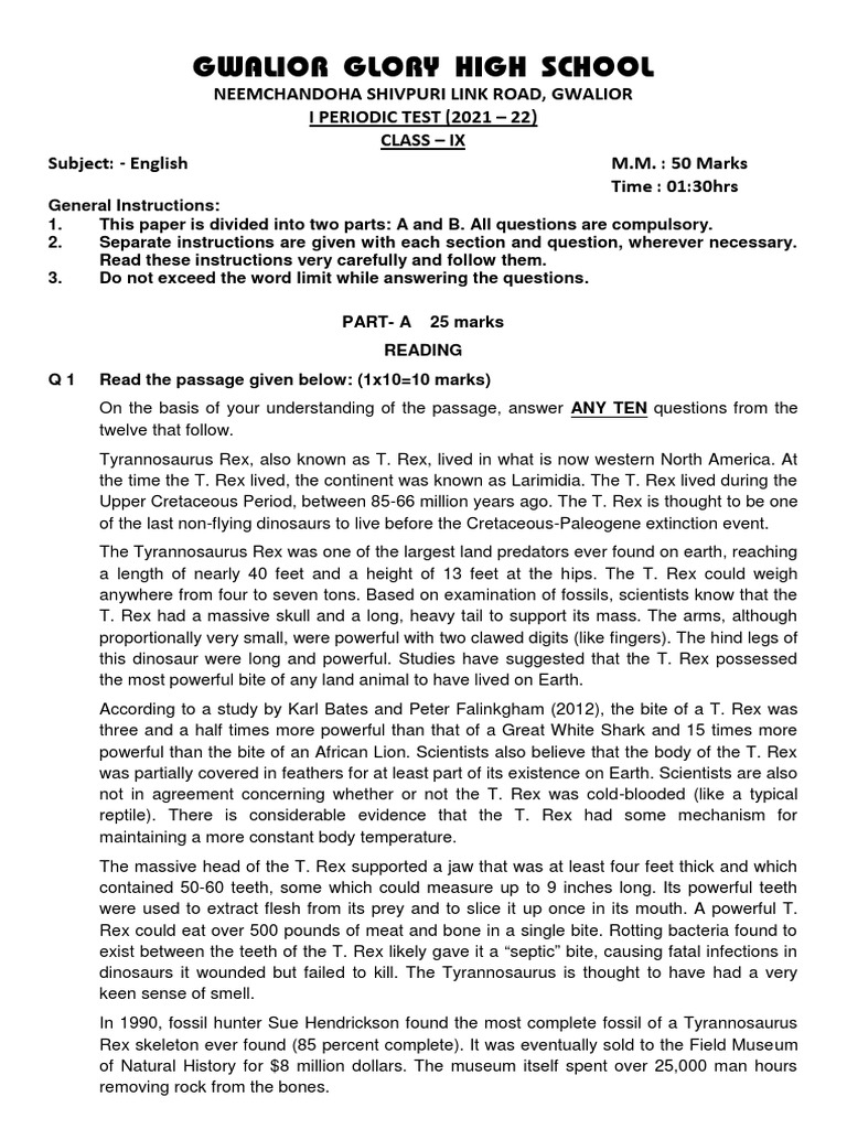 Periodic Test 1 - English Question Paper | PDF | Tyrannosaurus