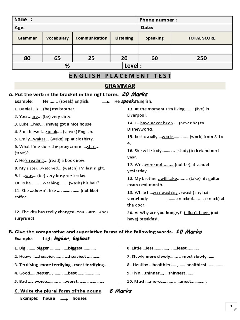 English Placement Test Answers | PDF | Linguistics