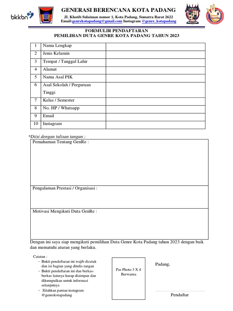 Formulir Pendaftaran Pemilihan Duta GenRe 2023 | PDF
