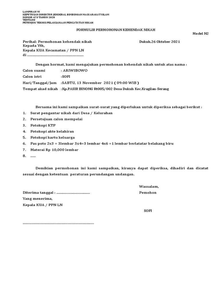 Contoh Formulir Permohonan Kehendak Nikah | PDF