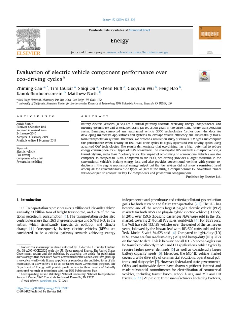 Evaluation of Electric Vehicle Component Performance Over Eco-Driving ...