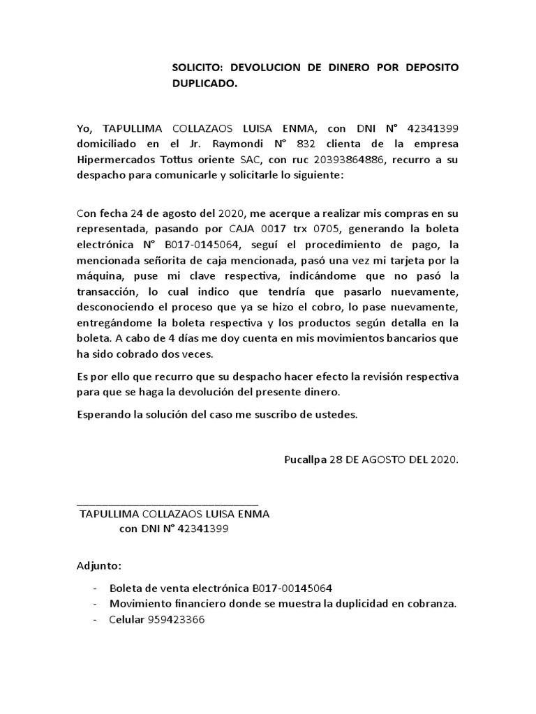 Devolución por Doble Cobro Tottus | PDF