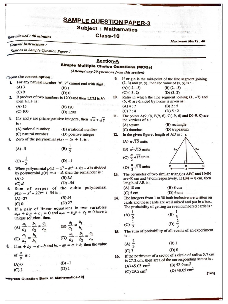 Sample Papers Class 10 Maths | PDF