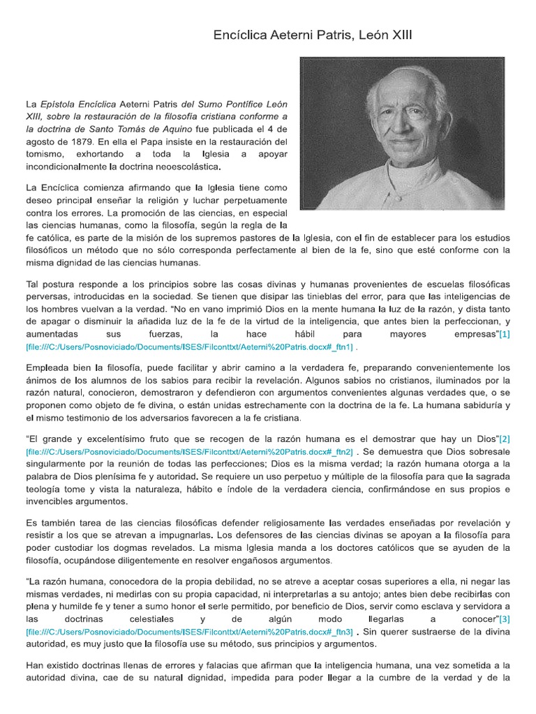 Encíclica Aeterni Patris, León XIII - Filosofía Contemporánea | PDF