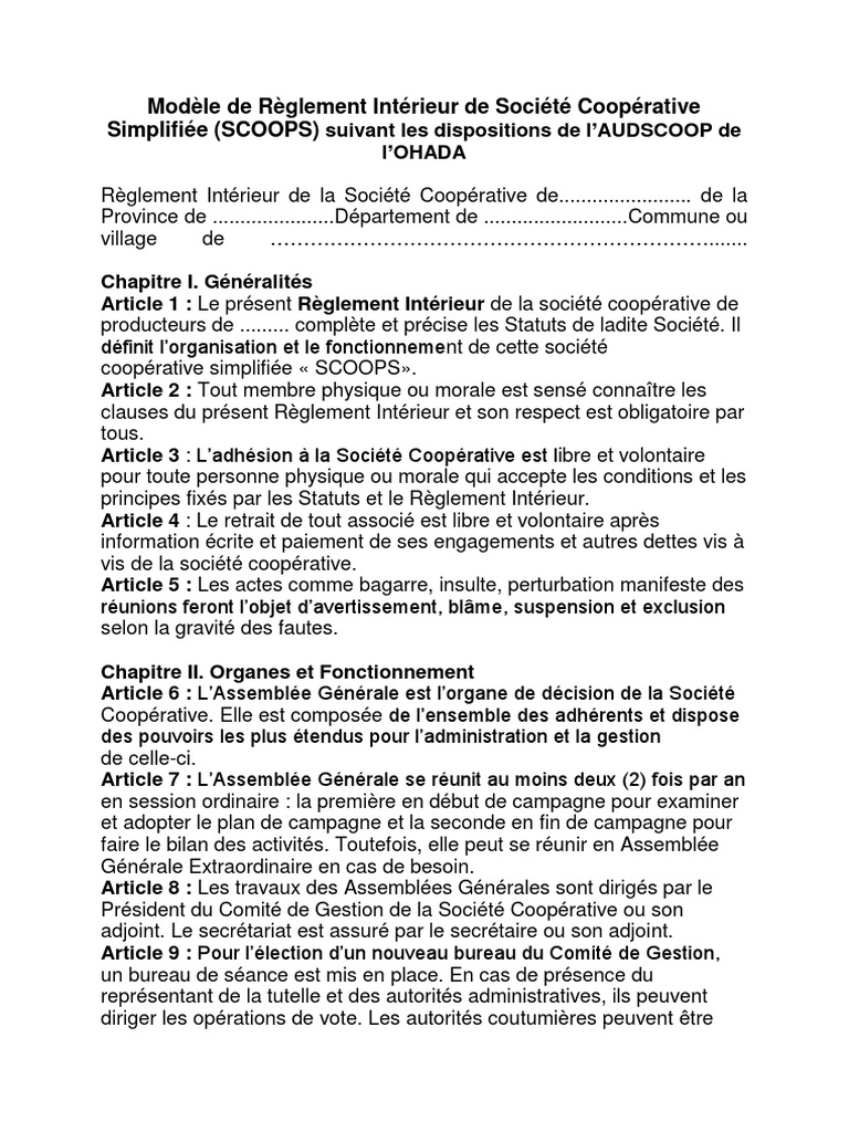 Modele de Reglement Interieur de Societe Cooperative Simplifiee | PDF