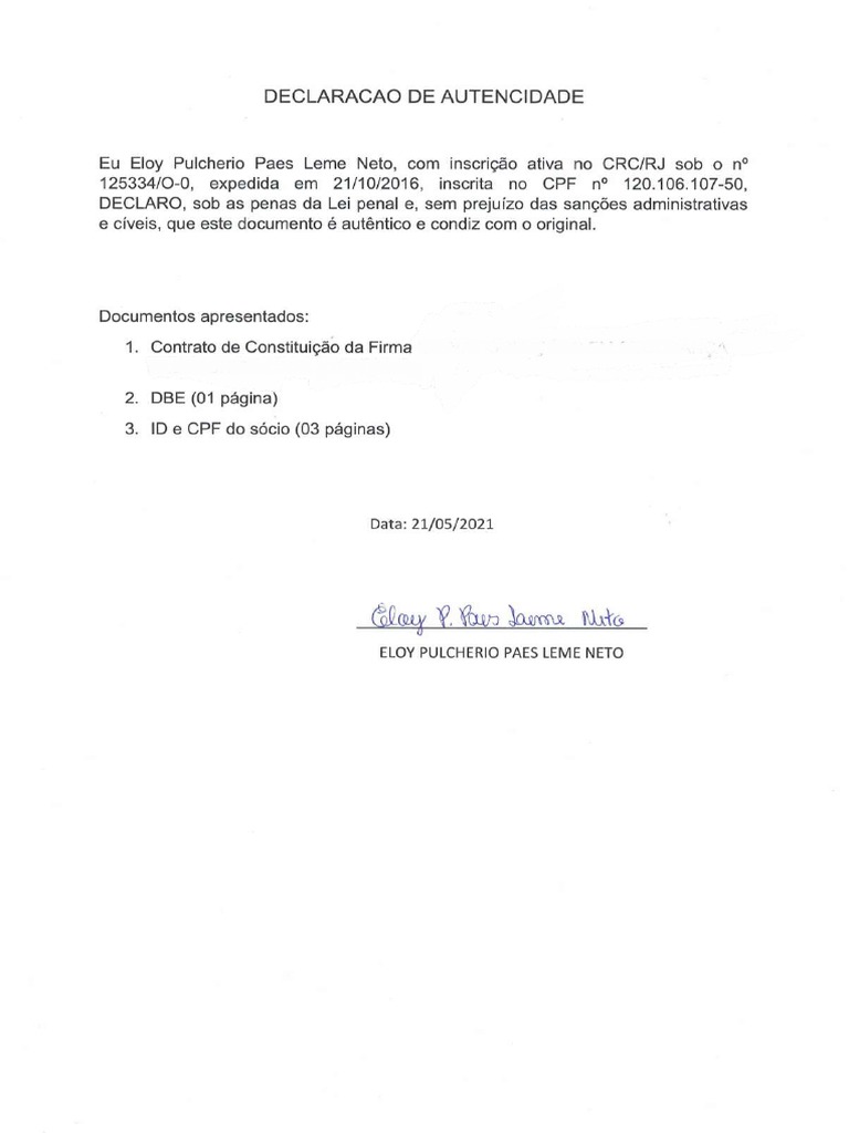 MODELO Dec. de Autenticidade - JUCERJA | PDF