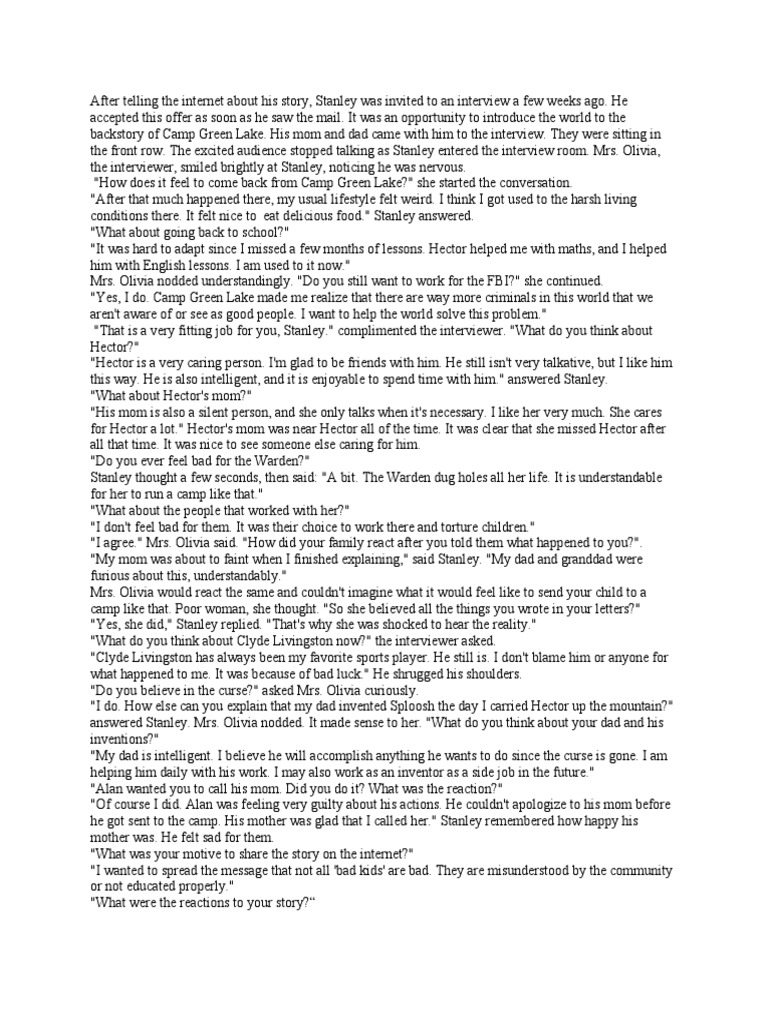 Stanley Yelnats Reflects on Camp Green Lake | PDF | Mystery, Thriller ...