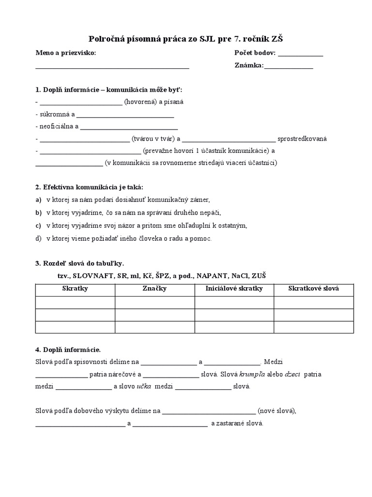 Polrocne Opakovanie Učiva SJL 7. Rocnik | PDF