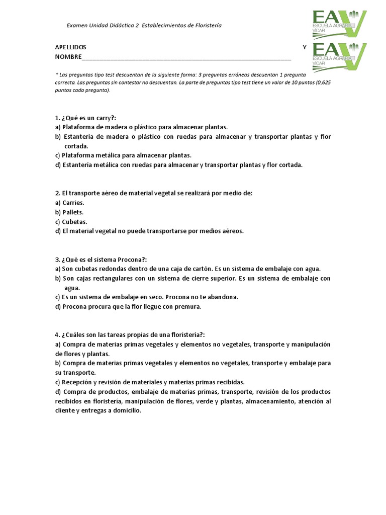 Examen sobre el Sistema Procona en Floristería | PDF
