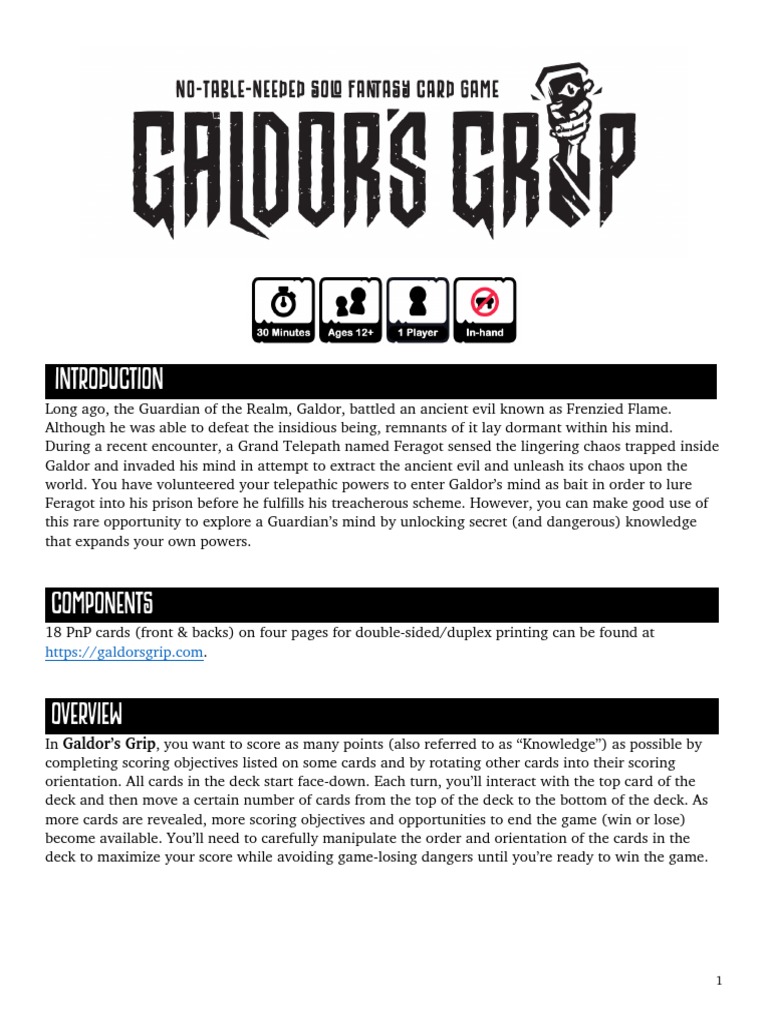 Navigating a Guardian's Mind: An Overview of the Card Game "Galdor's Grip | PDF
