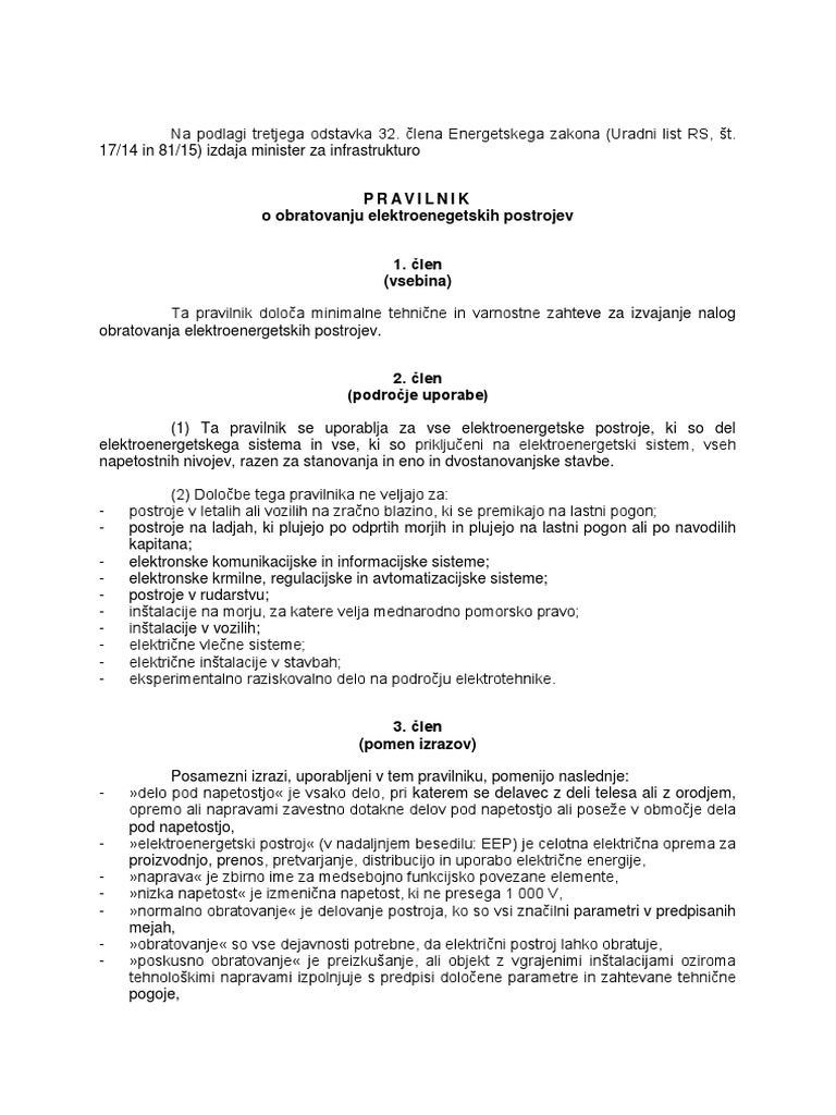 Pravilnik o Obratovanju Elektroenegetskih Postrojev | PDF