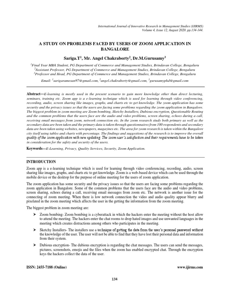 A Study On Problems Faced by Users of Zoom Application in Bangalore Sariga.T, Mr. Angel ...