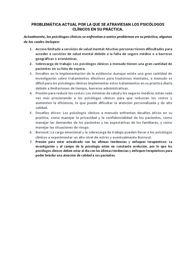 Problemática Actual Por La Que Se Atraviesan Los Psicólogos Clínicos en Su Práctica. | PDF