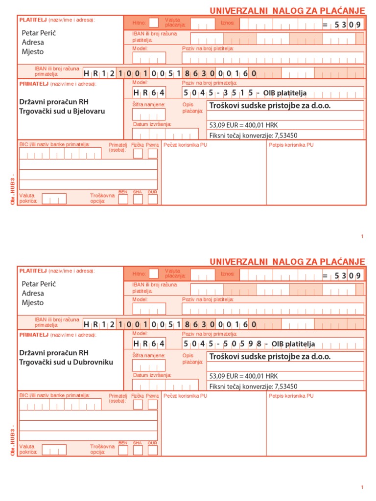 HUB3 - 2022 - Troskovi Sudske Pristojbe - Za Doo - Papir - EUR | PDF