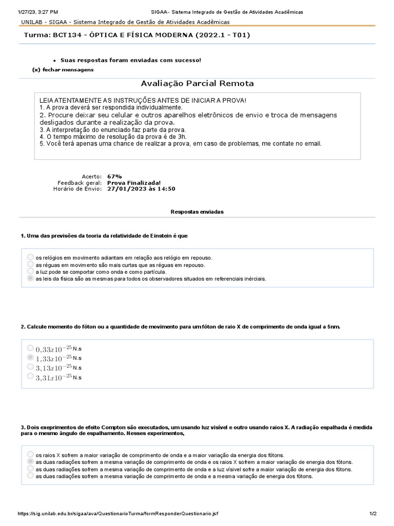 SIGAA - Sistema Integrado de Gestão de Atividades Acadêmicas Ap2 | PDF | Fóton | Luz