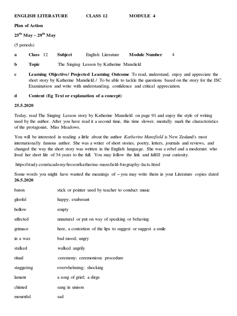 English Literature Class 12 Module 4: The Singing Lesson by Katherine ...