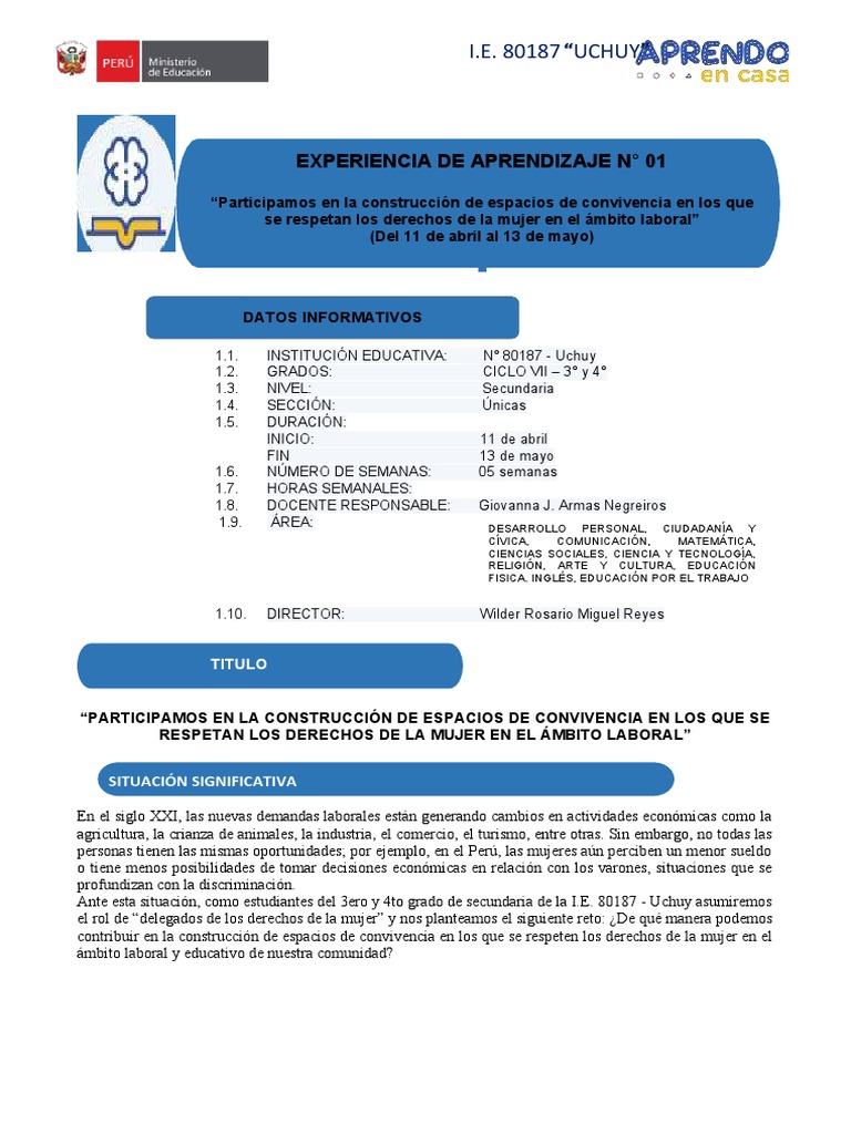 1 - Experiencia de Aprendizaje Vii Ciclo - 3ero-4to | PDF | Mujer | Discriminación