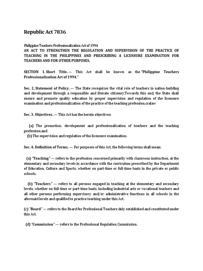 Republic Act. 7836 and 9293 | PDF | Teachers | Licensure