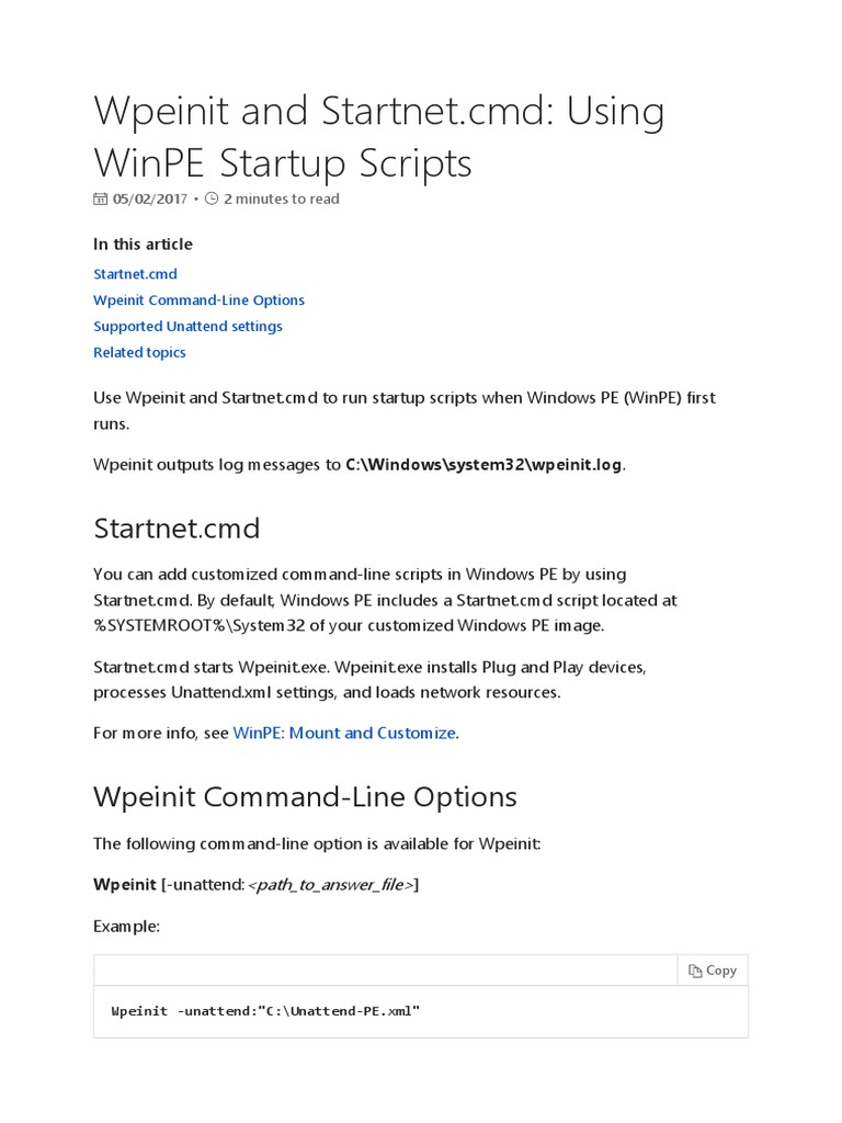 Wpeinit and Startnet - CMD Using WinPE Startup Scripts | PDF | Computers