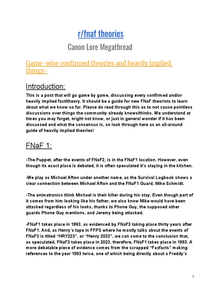FNaF Canon Lore Overview and Theories | PDF | Mystery, Thriller & Crime ...