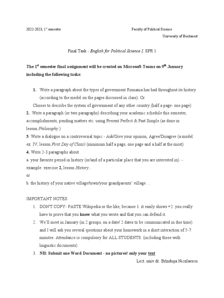 1st Semester Assignment Requirements EPS I | PDF