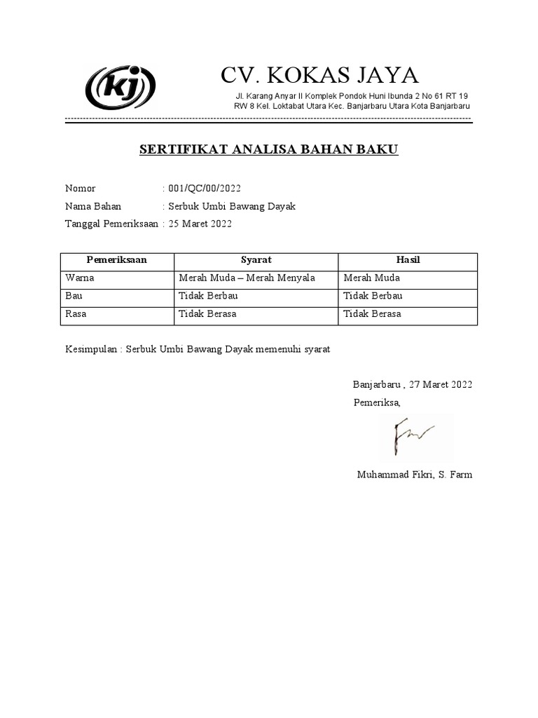 Sertifikat Analisa Bahan Baku | PDF
