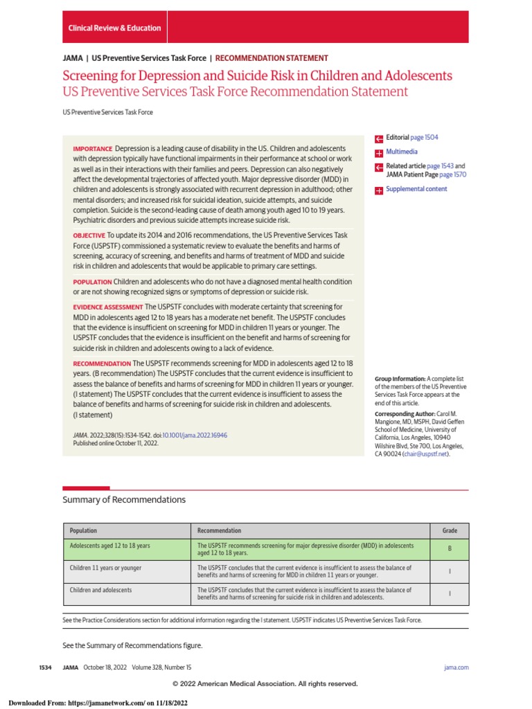 Screening For Depression and Suicide Risk in Children and Adolescents ...