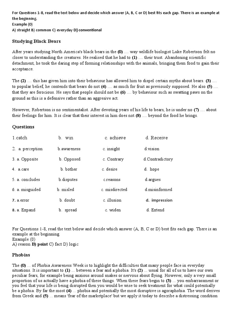 Cae Multiple Choice Cloze Pdf Phobia Anxiety