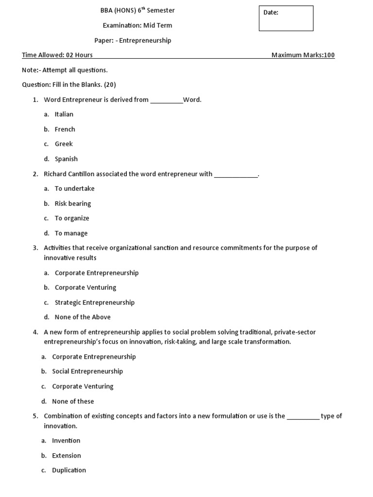Mid Term Paper | PDF | Entrepreneurship | Human Resource Management