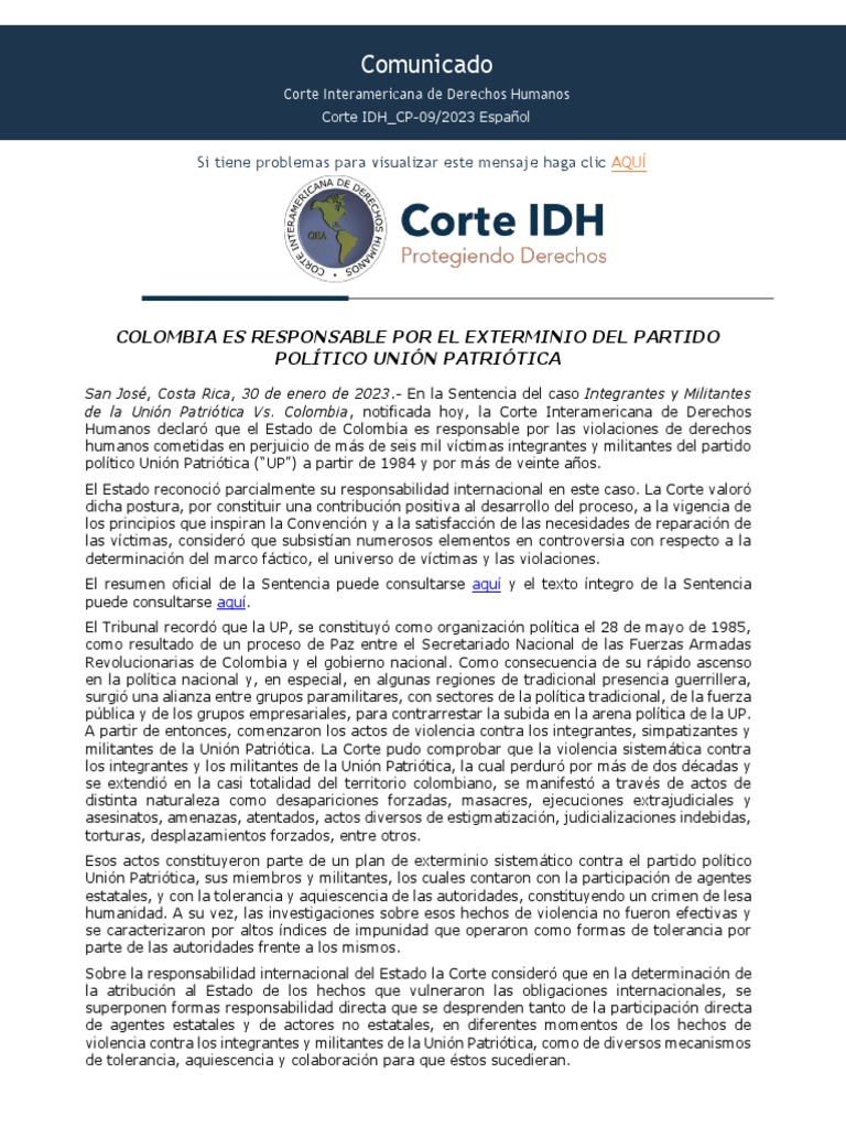 Colombia Es Responsable Por El Exterminio Del Partido Político Unión ...