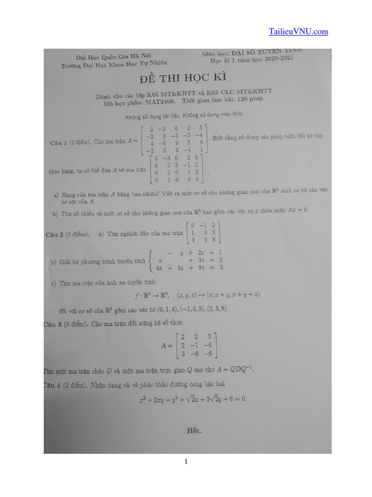 De Thi Dai So Tuyen Tinh Ky 1 Nam Hoc 2020 2021 - HUS | PDF