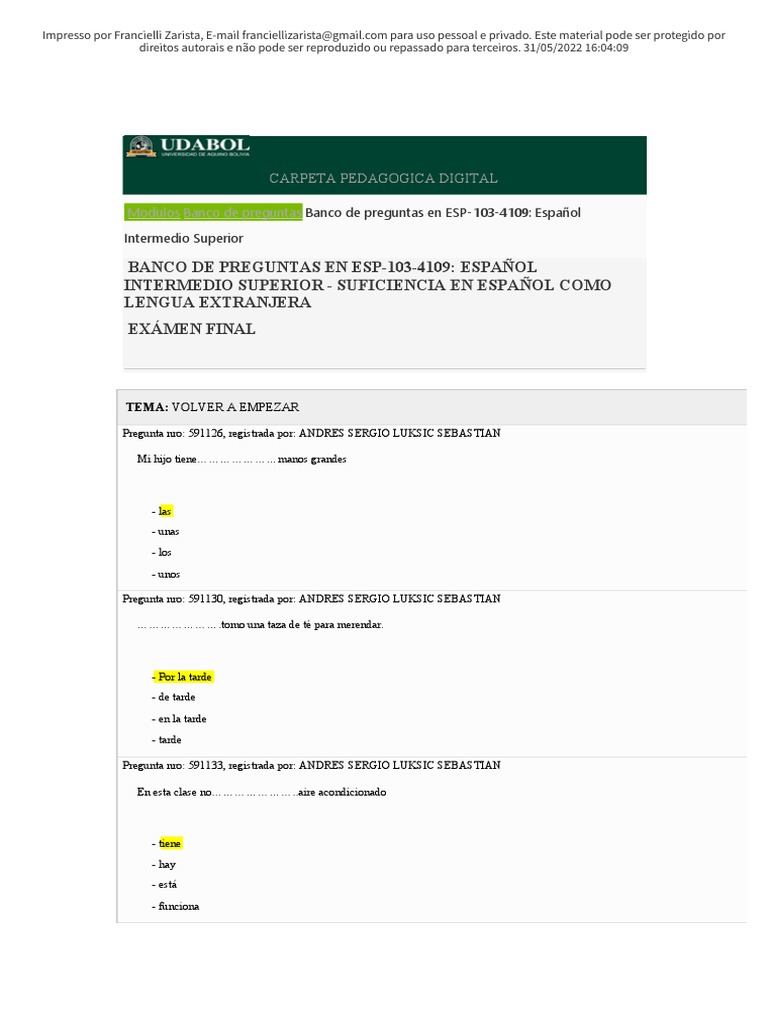 Banco de Preguntas Español Intermedio | PDF | Lingüística | Sintaxis