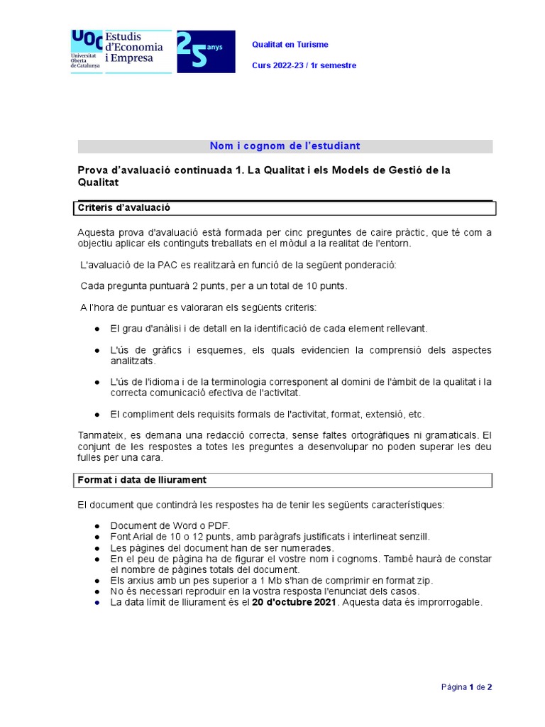 Qualitat en Turisme PAC1 SOL | PDF