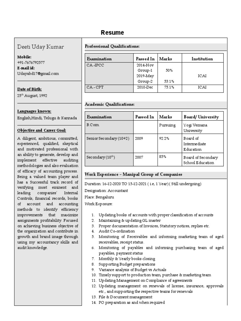 Resume Uday | PDF | Accounts Payable | Expense